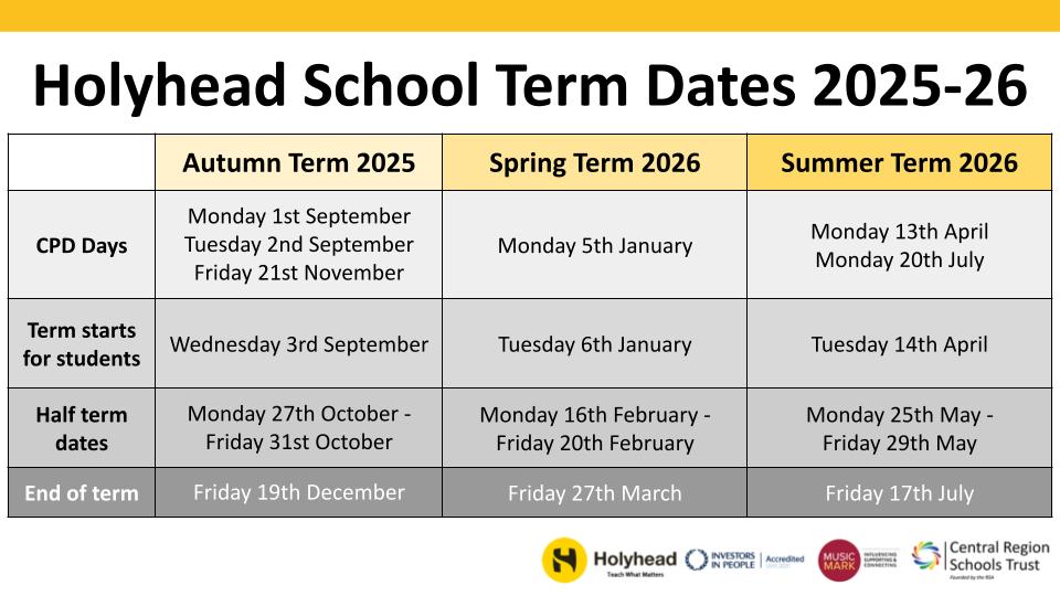 Holyhead School - School Dates